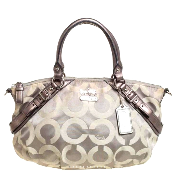 Coach | Bags | Coach Metallic Grey Signature Canvas And Leather Sophia ...